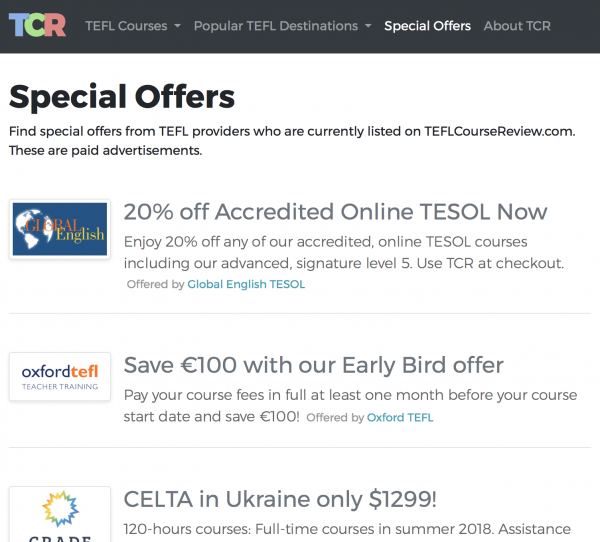 Special Offer Ads - TEFL Course Review